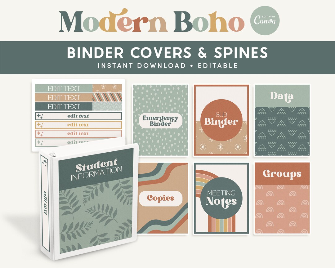 Classroom Binder Covers and Spines, Editable Modern Boho Teacher ...