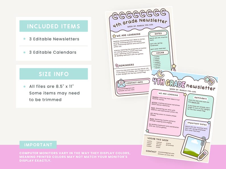 Classroom Newsletter Editable Templates, Back to School, Planner ...