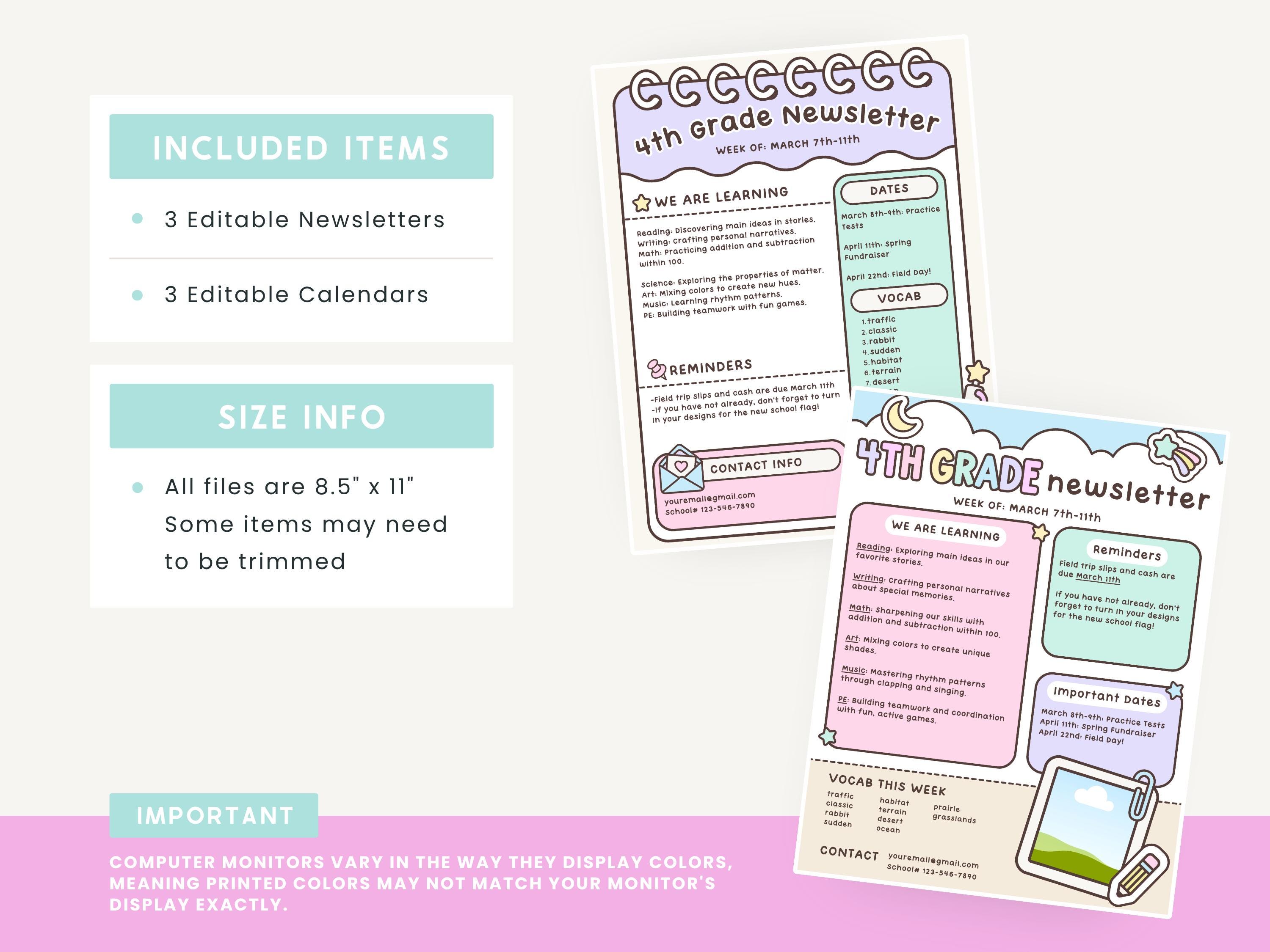 Classroom Newsletter Editable Templates, Back to School, Planner ...