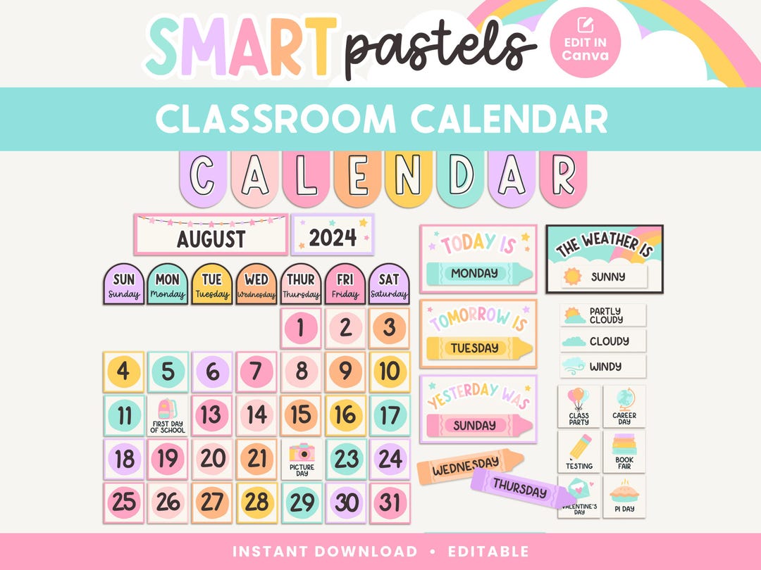 Classroom Calendar Display and Weather Station, Printable Bright Pastel ...
