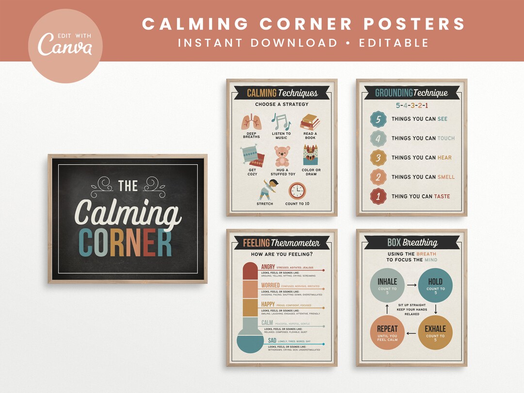 Calming Corner Editable Classroom Printables, Calm Down Skills, Canva ...