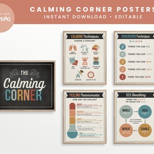 Calming Corner Editable Classroom Printables, Calm Down Skills, Canva ...