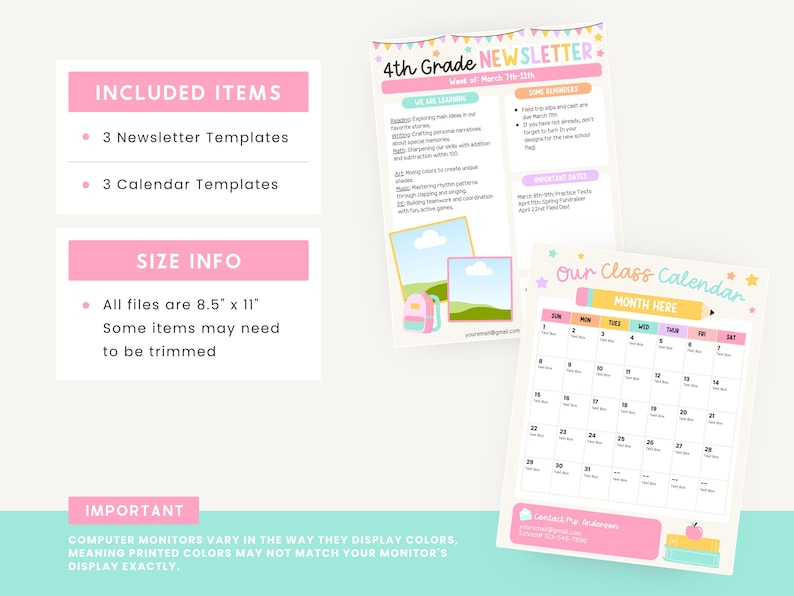 Classroom Newsletter Editable Templates, Back to School, Calendar ...