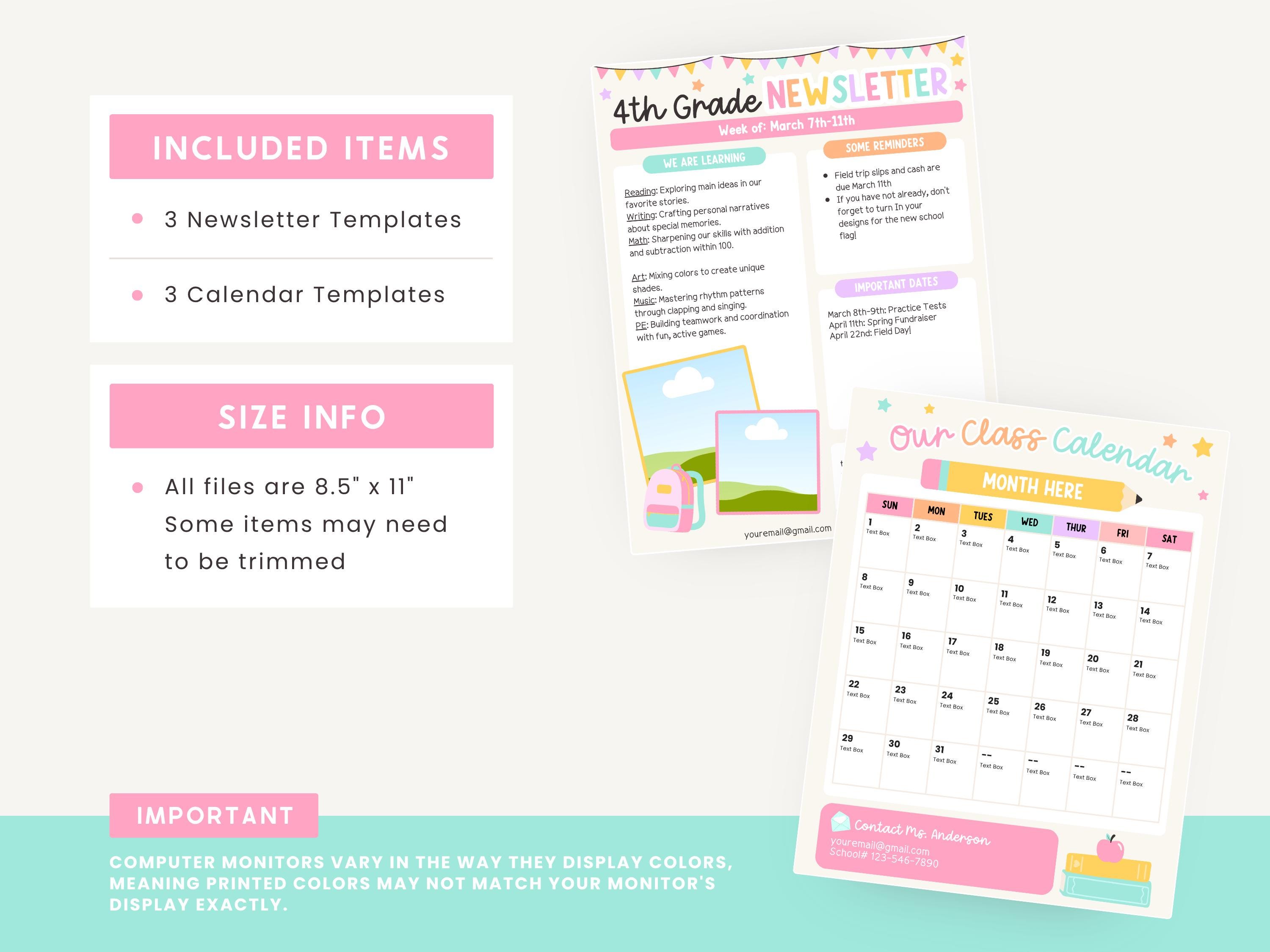 Classroom Newsletter Editable Templates, Back to School, Calendar ...