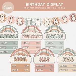 Classroom Birthday Printable Display, Editable in Canva, Retro Pastel ...