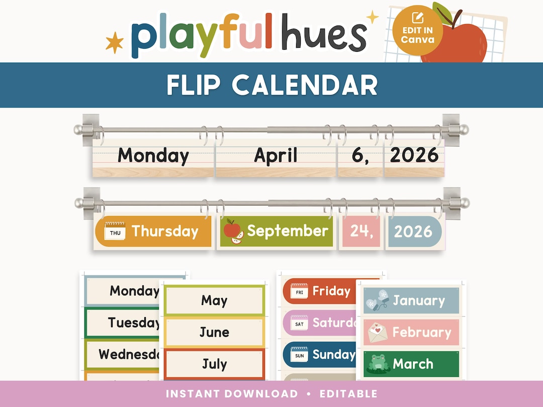Classroom Flip Calendar Editable Canva | Playful Hues Classroom Decor ...