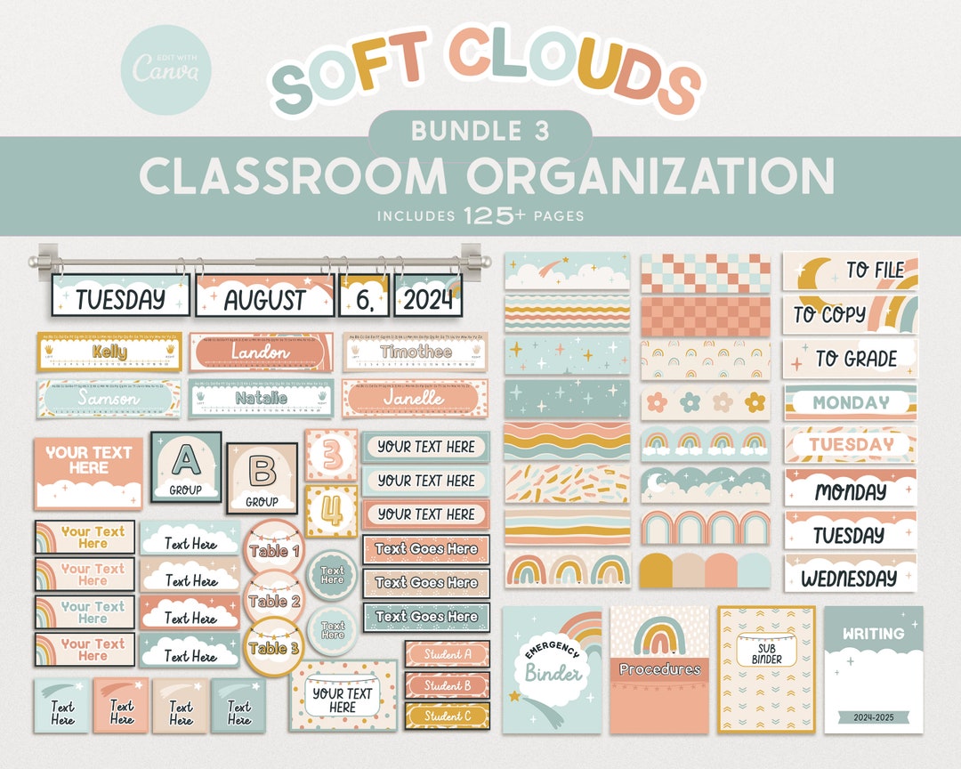 Editable Classroom Organization Pastel Rainbow Bundle, Printable Canva ...
