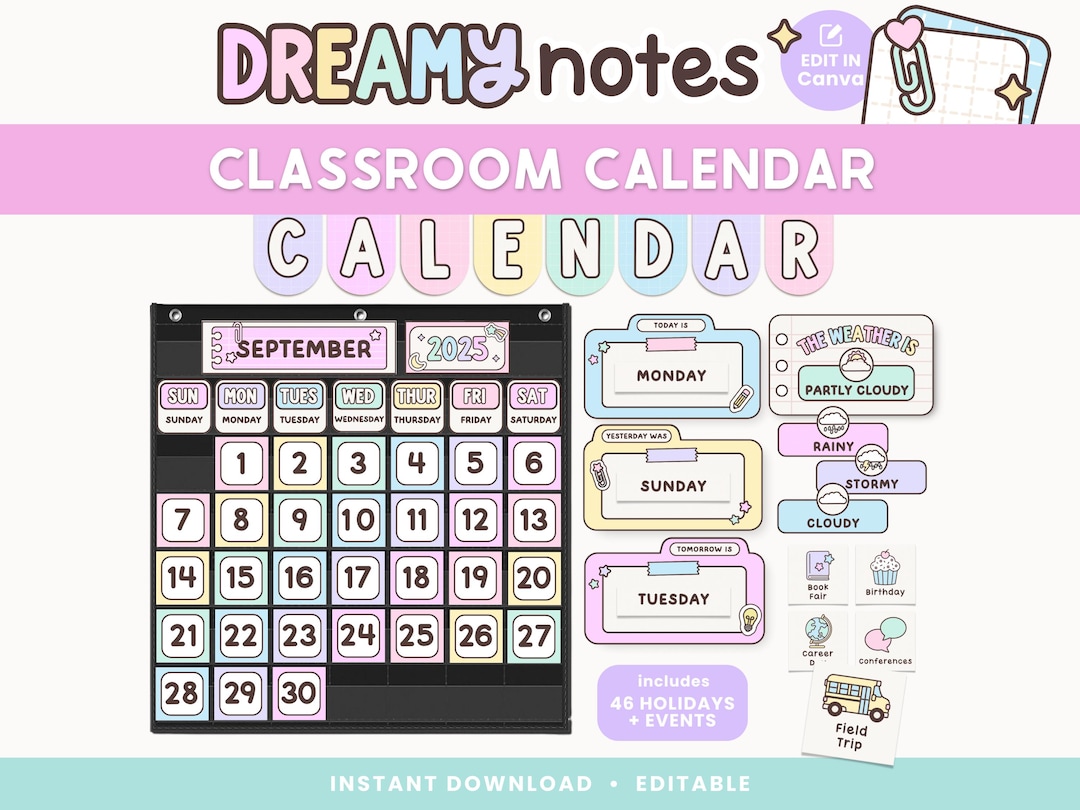 Classroom Calendar Display and Weather Station, Printable Cute Pastel ...