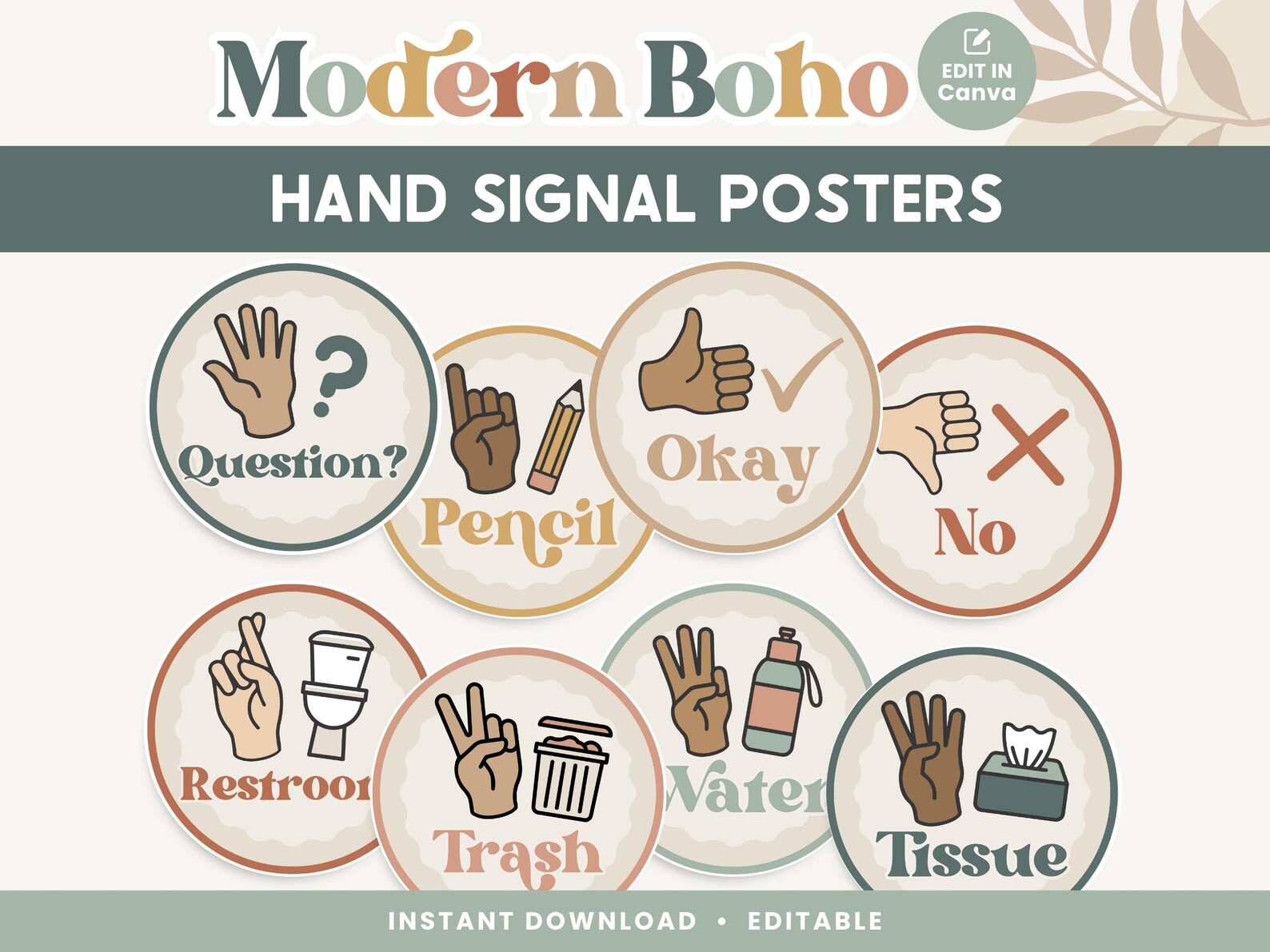 Classroom Hand Signals Poster Display, Editable in Canva, Boho Modern ...