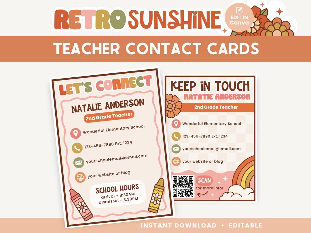 Teacher Contact Cards Classroom Printable Template, Teacher ...