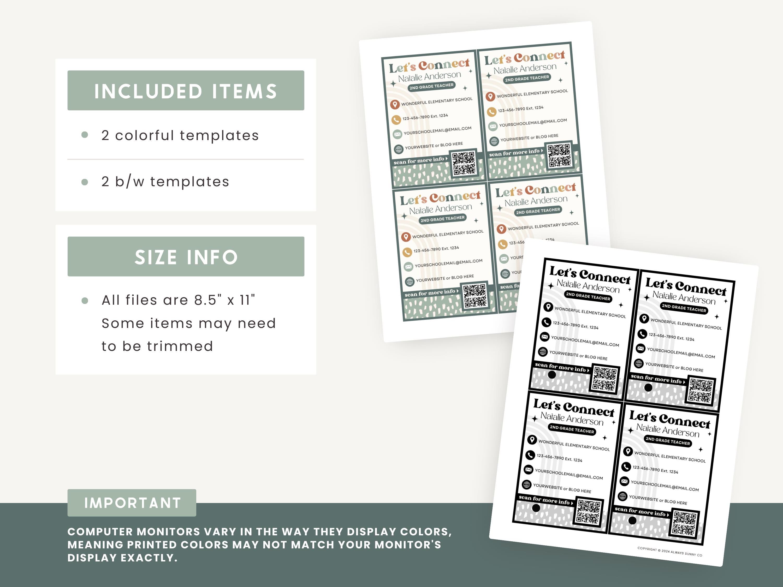 Teacher Contact Cards Classroom Printable Template, Teacher ...