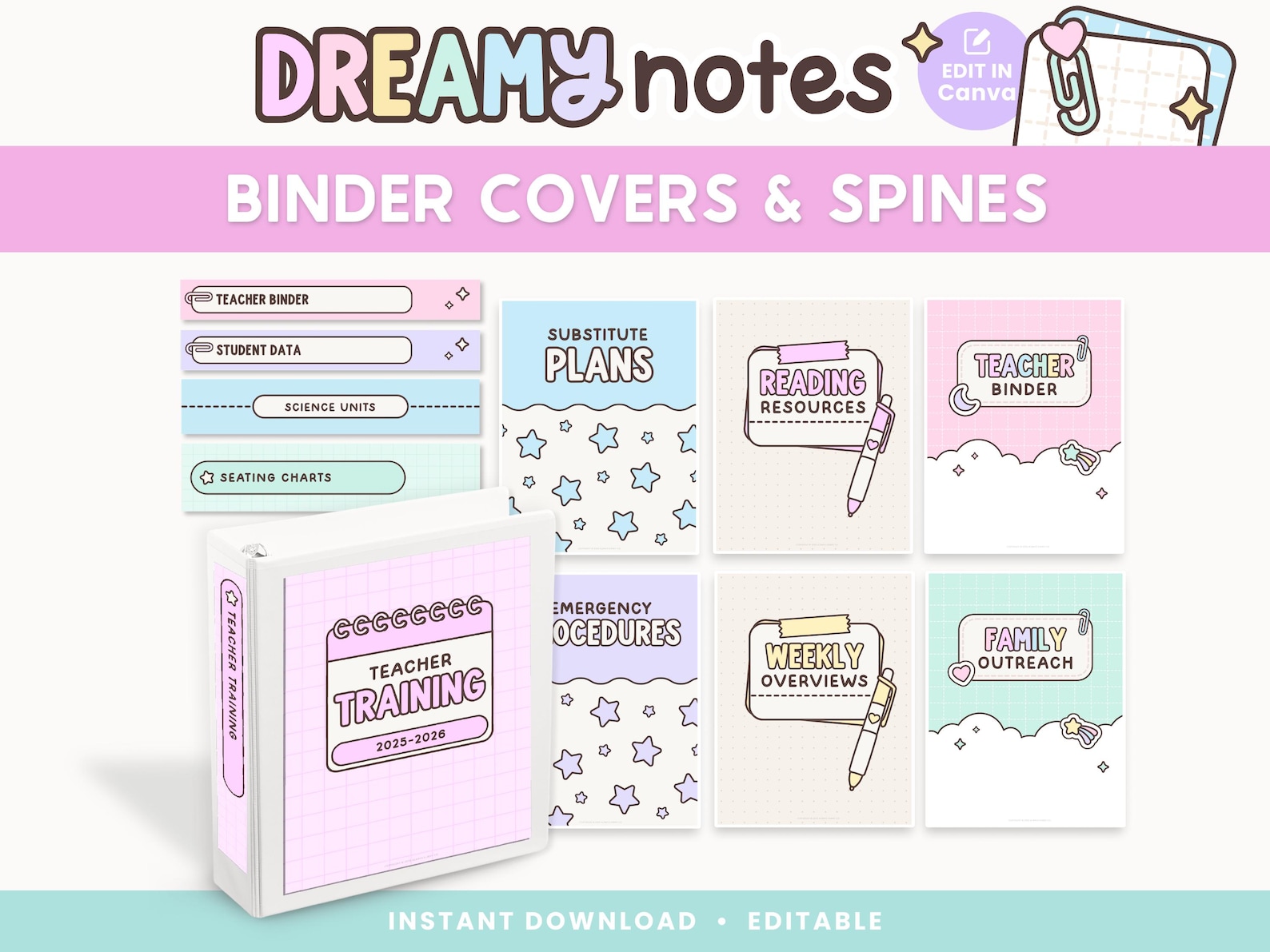 Classroom Binder Covers and Spines, Editable Pastel Cute Teacher ...