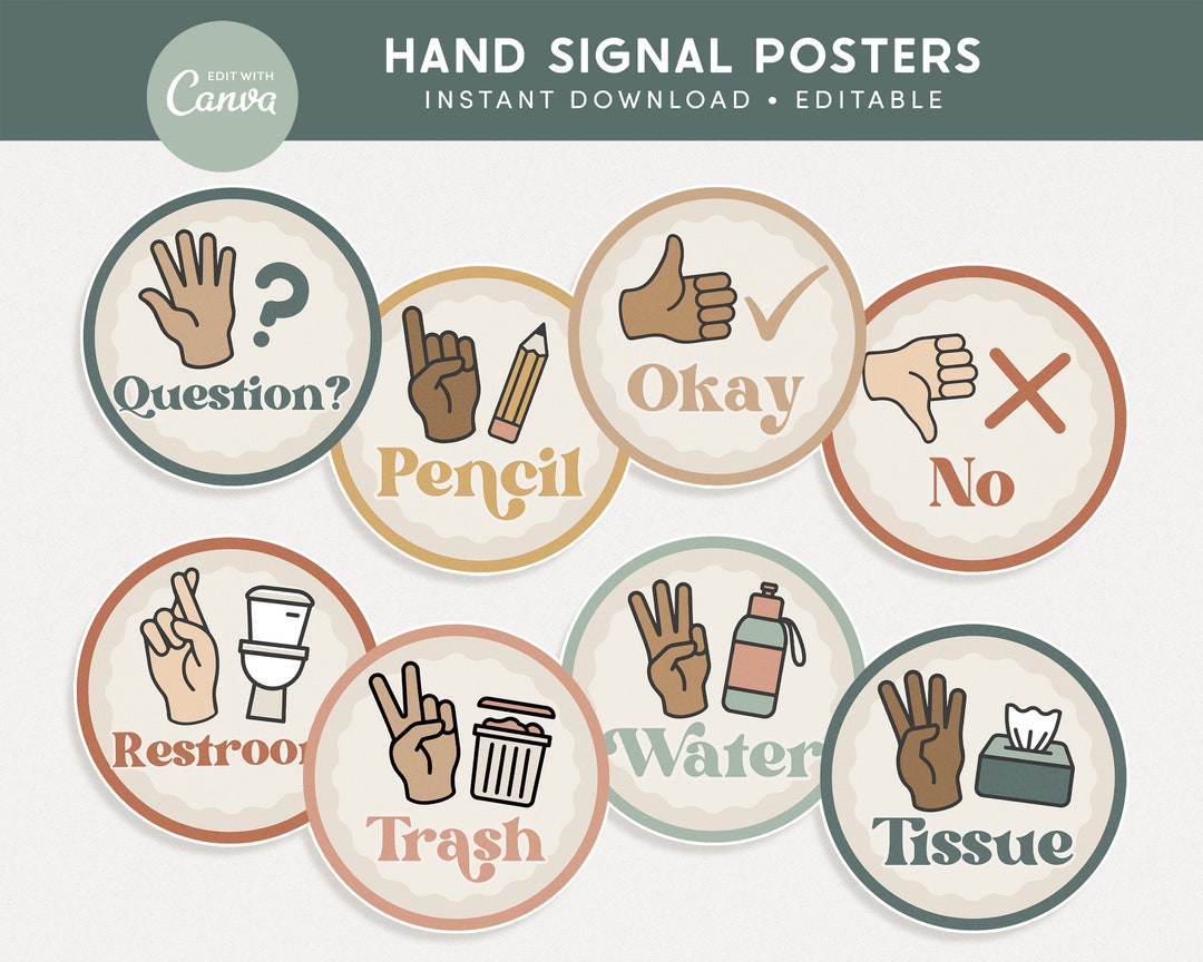 Classroom Hand Signals Poster Display, Editable in Canva, Boho Modern ...