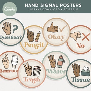 Classroom Hand Signals Poster Display, Editable in Canva, Boho Modern ...