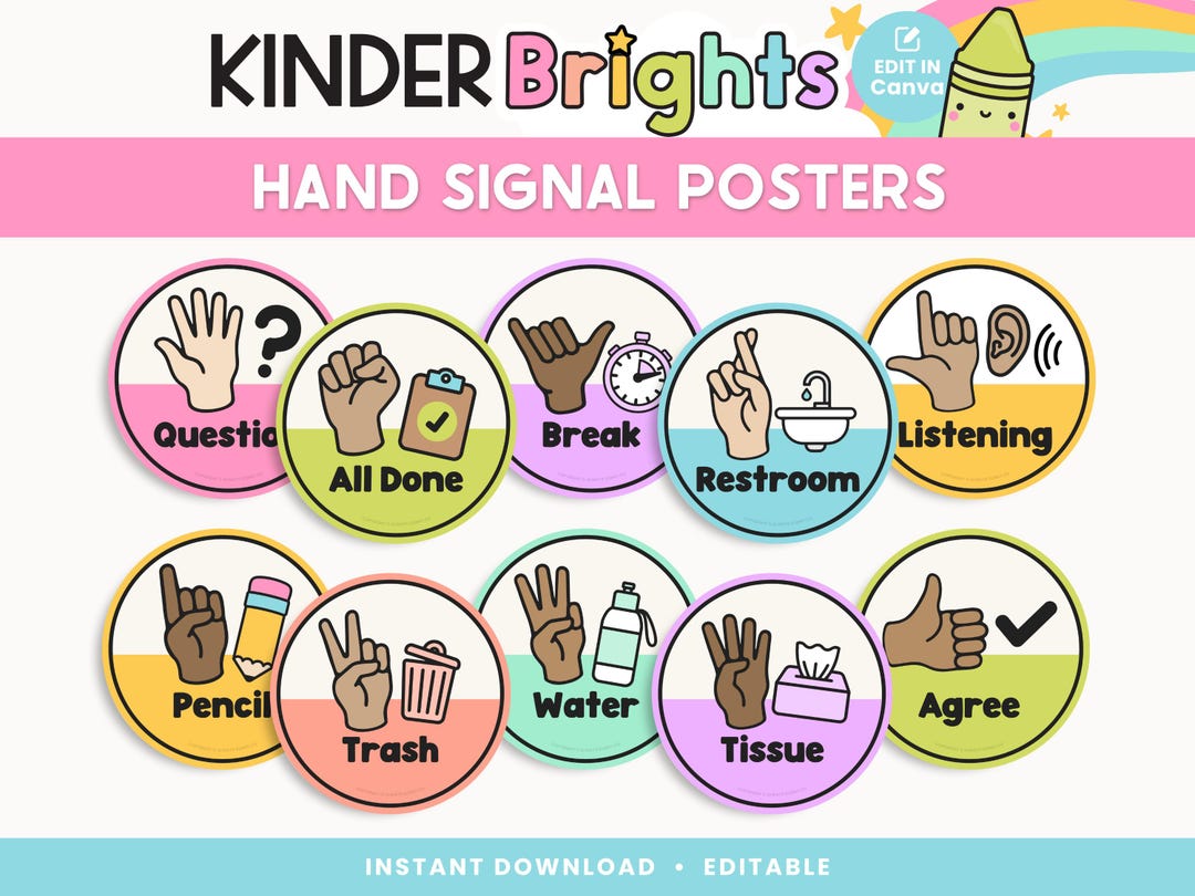 Classroom Hand Signals Poster Display, Editable in Canva, Bright ...