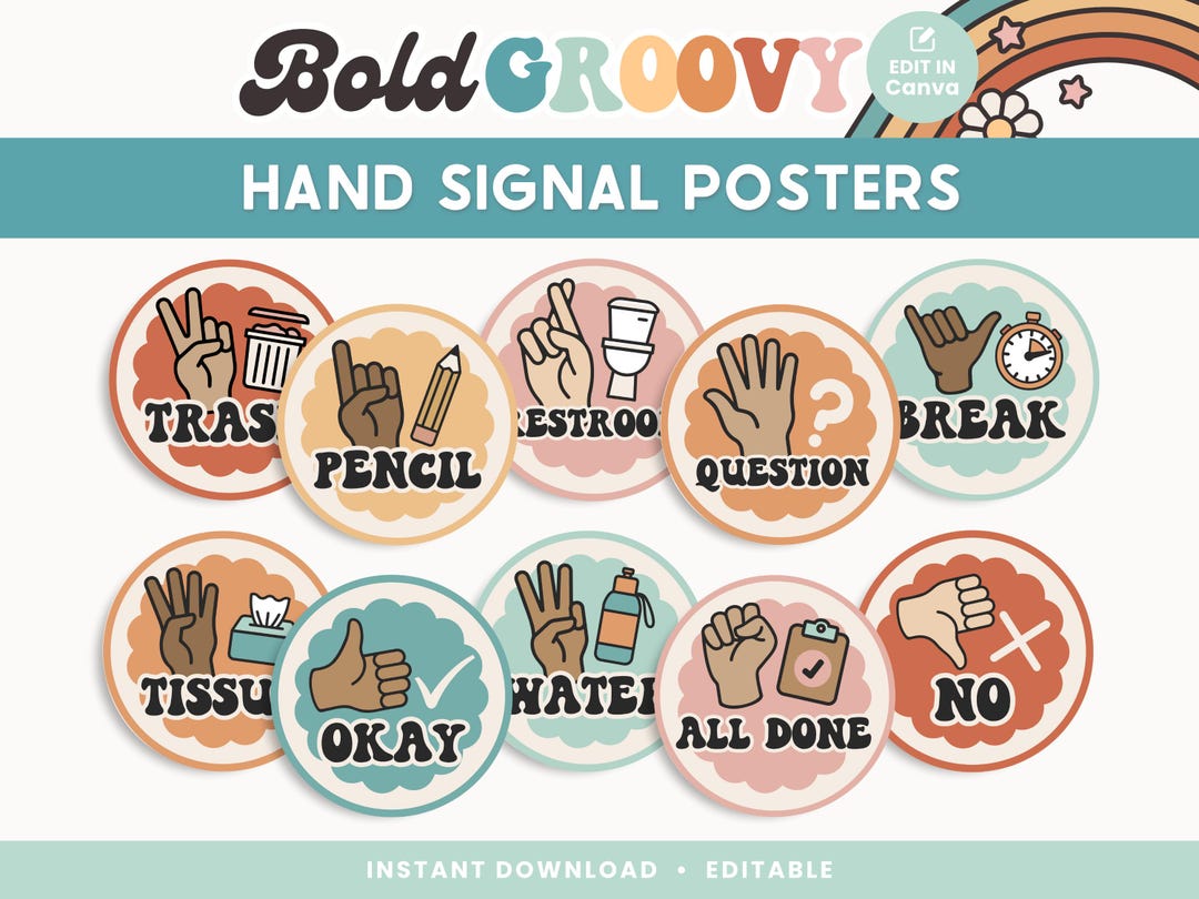 Classroom Hand Signals Poster Display, Editable in Canva, Retro Groovy ...