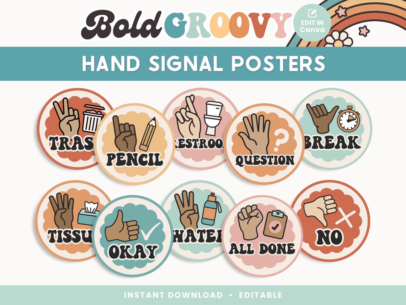 Classroom Hand Signals Poster Display, Editable in Canva, Retro Groovy ...