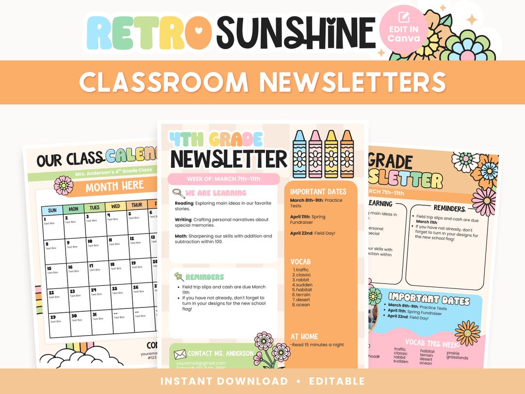 Retro Classroom Newsletter Template Editable | Canva Teacher Newsletter ...