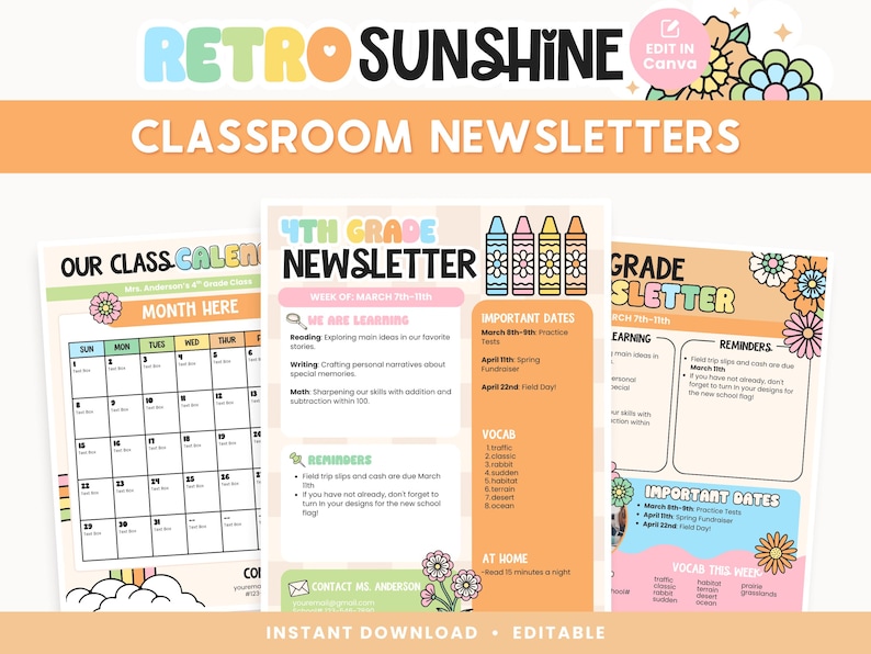 Retro Classroom Newsletter Template Editable | Canva Teacher Newsletter ...