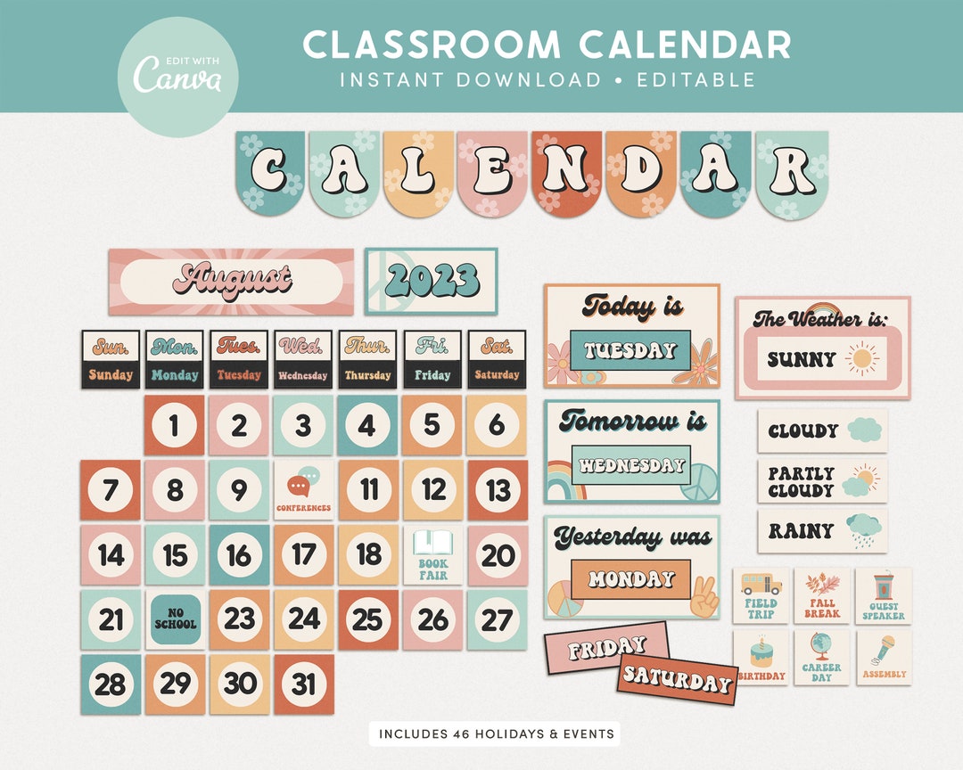Classroom Calendar Display and Weather Station, Printable Groovy Retro ...