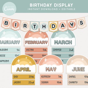 Classroom Birthday Printable Display, Editable in Canva, Cute Pastel ...