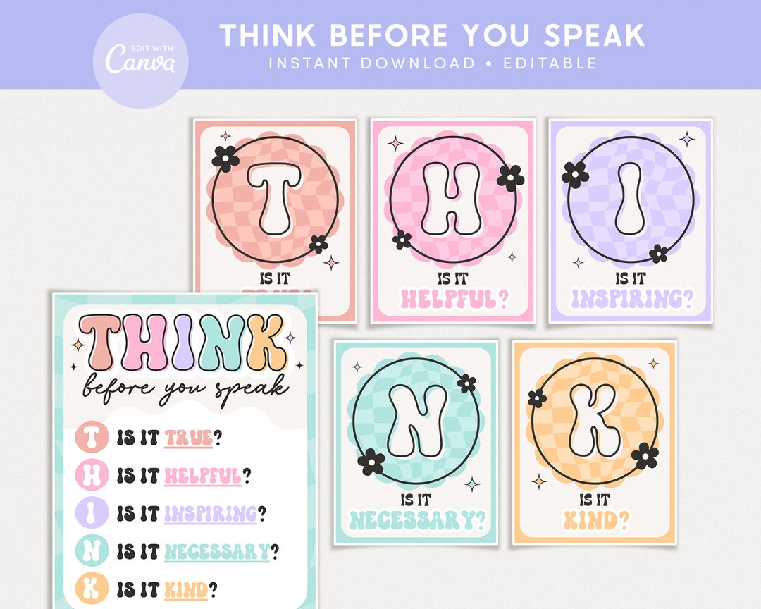 Editable Think Classroom Printable Posters, Think Before You Speak ...