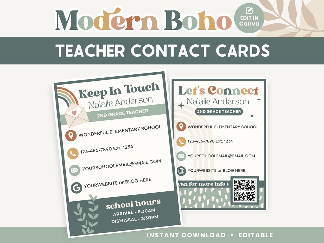 Teacher Contact Cards Classroom Printable Template, Teacher ...
