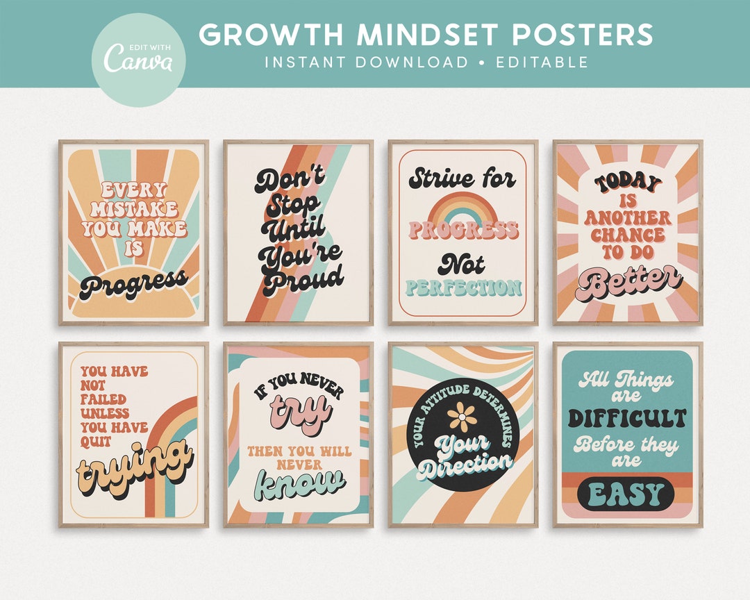Growth Mindset Editable Classroom Printable Posters, Groovy Retro ...