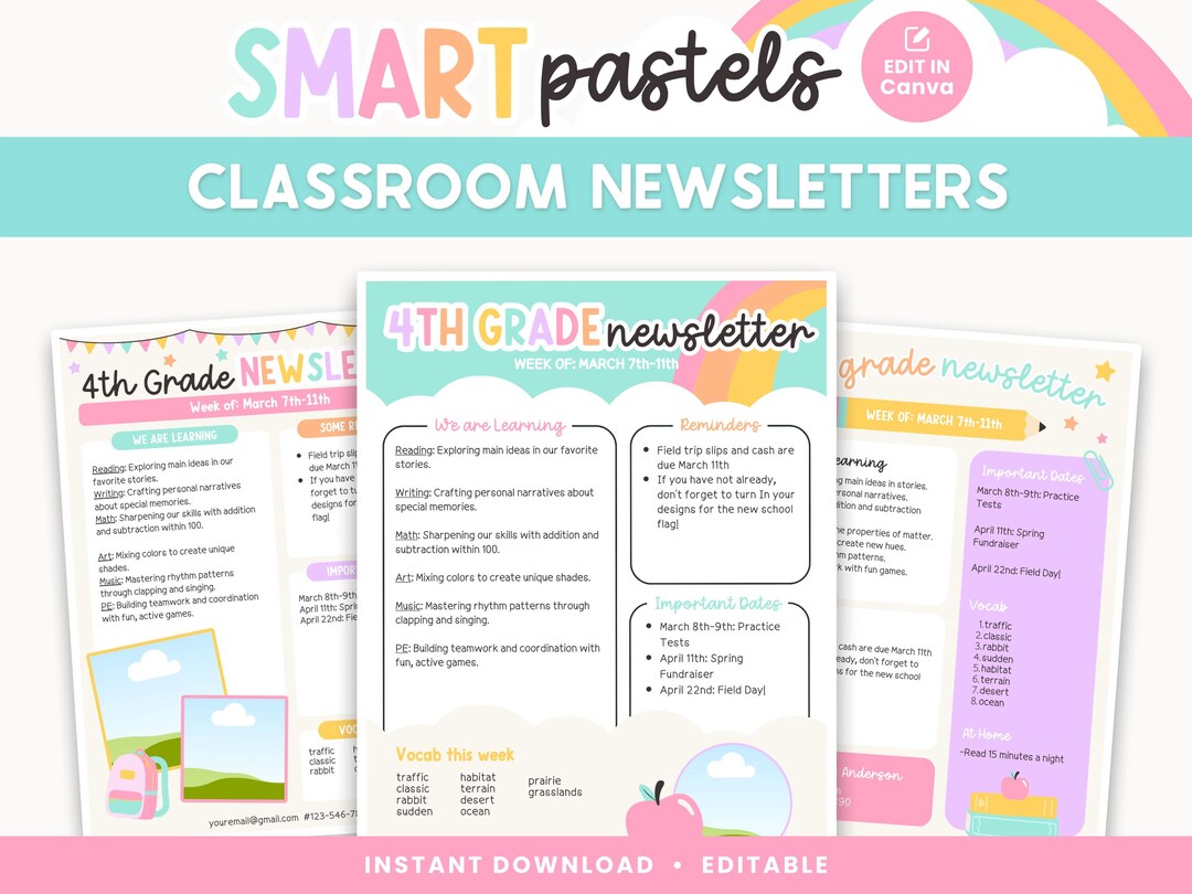 Classroom Newsletter Editable Templates, Back to School, Rainbow ...