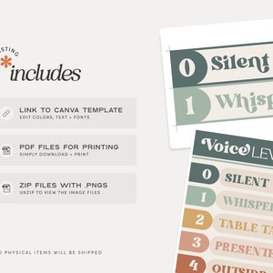 Voice Level Chart Classroom Printable Display, Editable in Canva, Boho ...