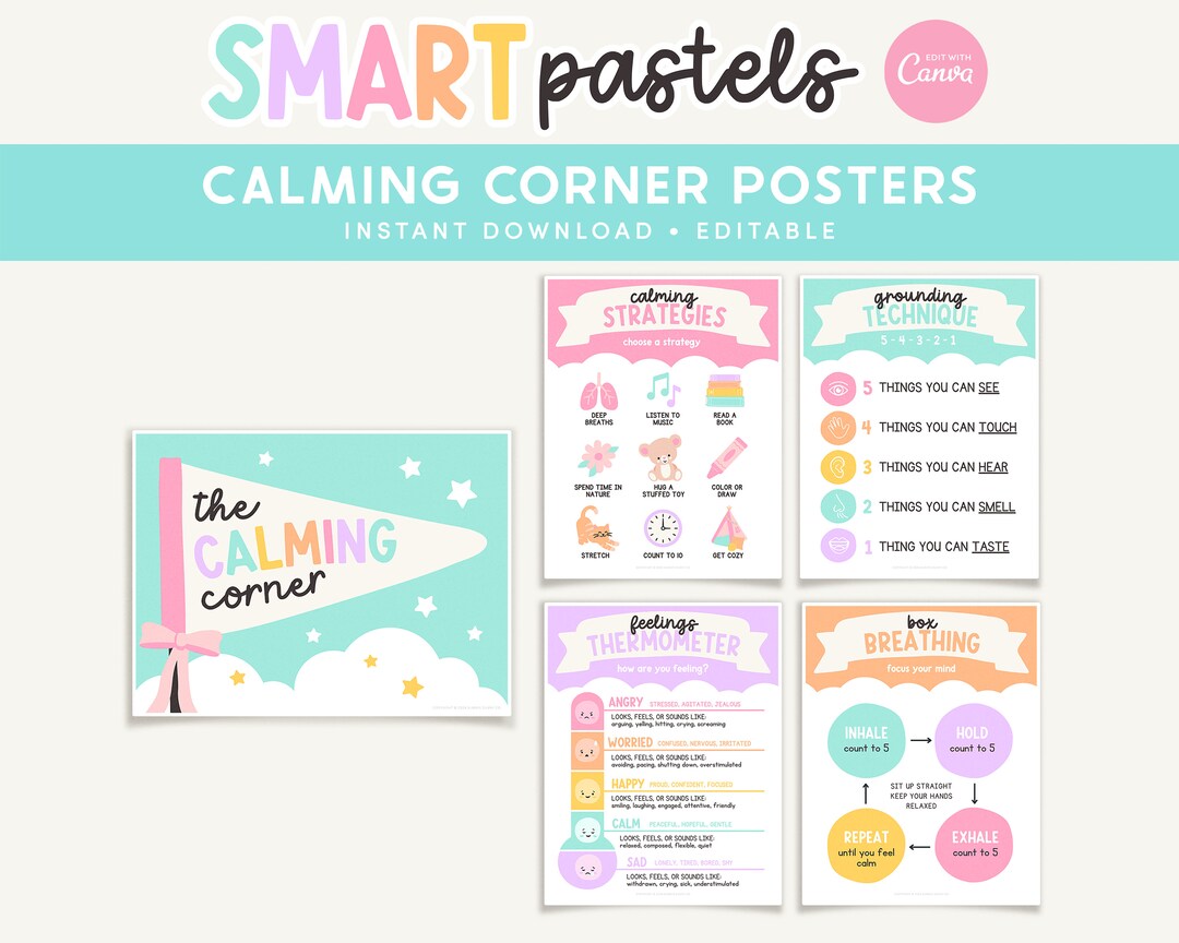Calming Corner Editable Classroom Printables, Calm Down Skills, Bright ...