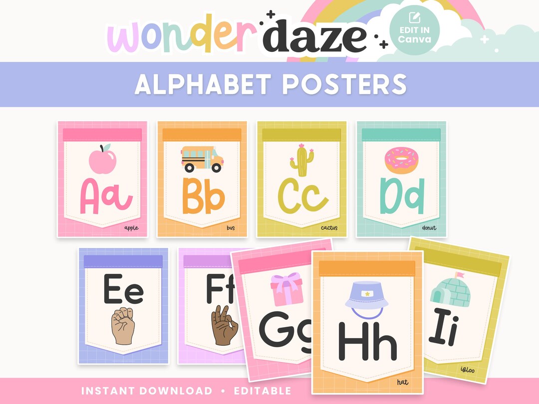 Alphabet Classroom Editable Posters, ASL Letter Templates, Cute Rainbow ...