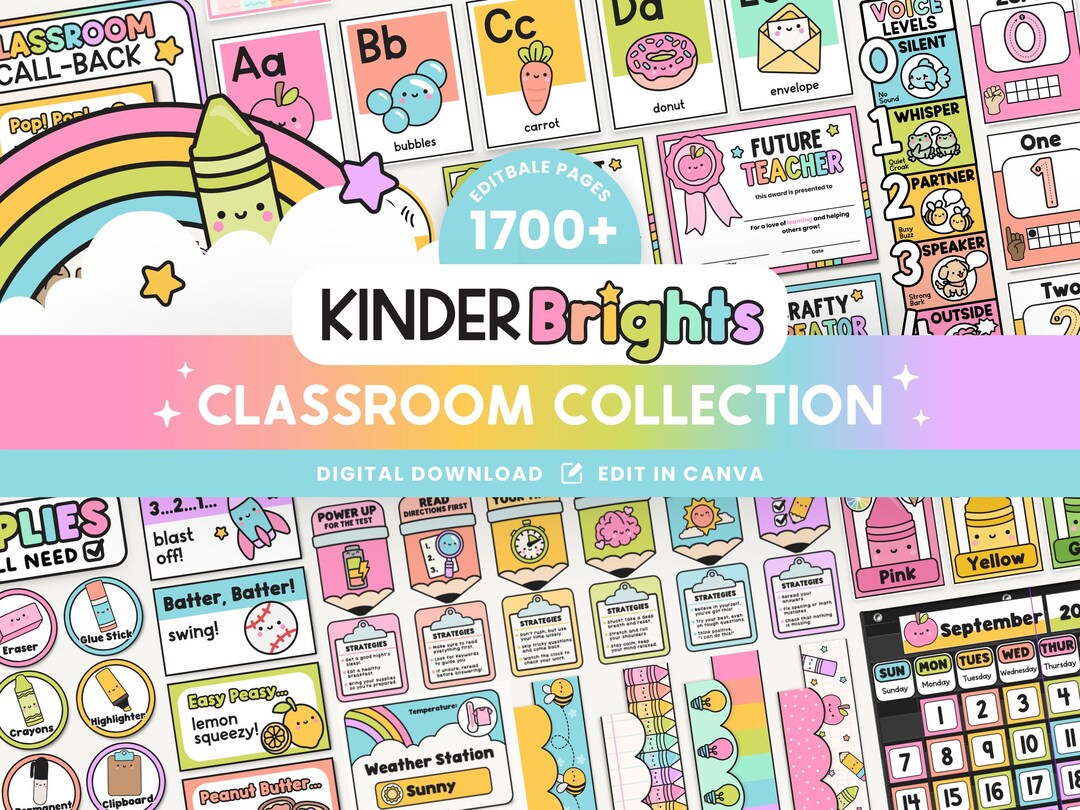 Editable Classroom Kinder Brights Printable Bundle, Canva Templates ...