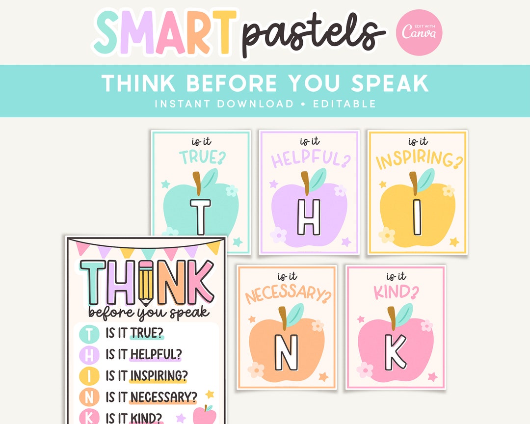 Editable Think Classroom Printable Posters, Think Before You Speak ...
