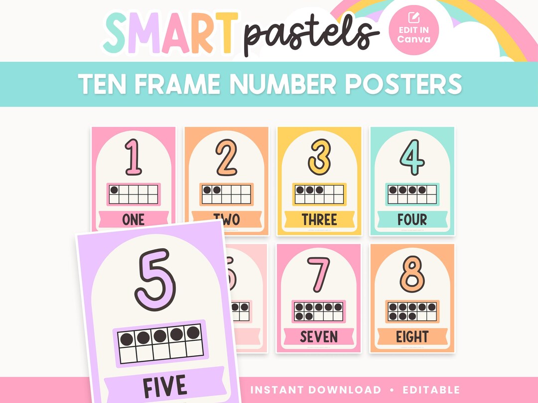 Number Ten Frames Classroom Editable Posters, Bright Pastels Counting ...