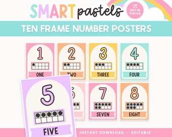 Number Ten Frames Classroom Editable Posters, Pastel Rainbow Counting ...