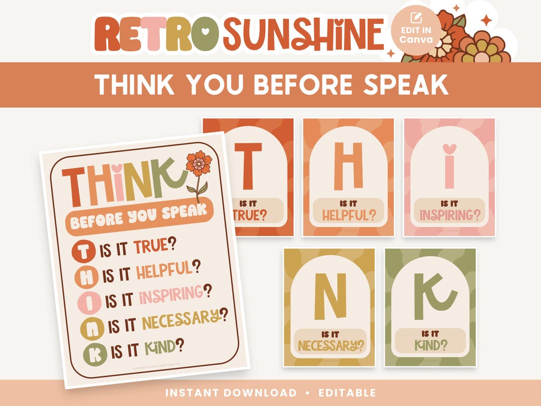 Editable Think Classroom Printable Posters, Think Before You Speak ...