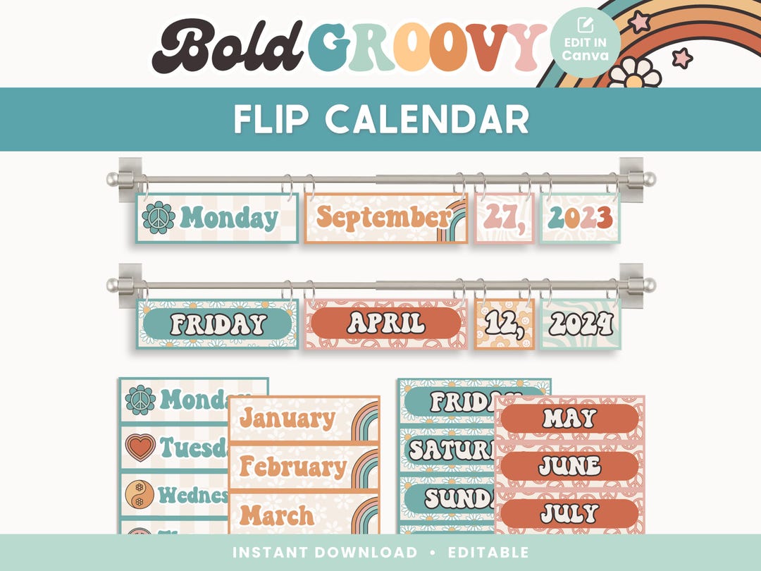Classroom Flip Calendar Display, Groovy Retro Classroom Decor, Editable ...