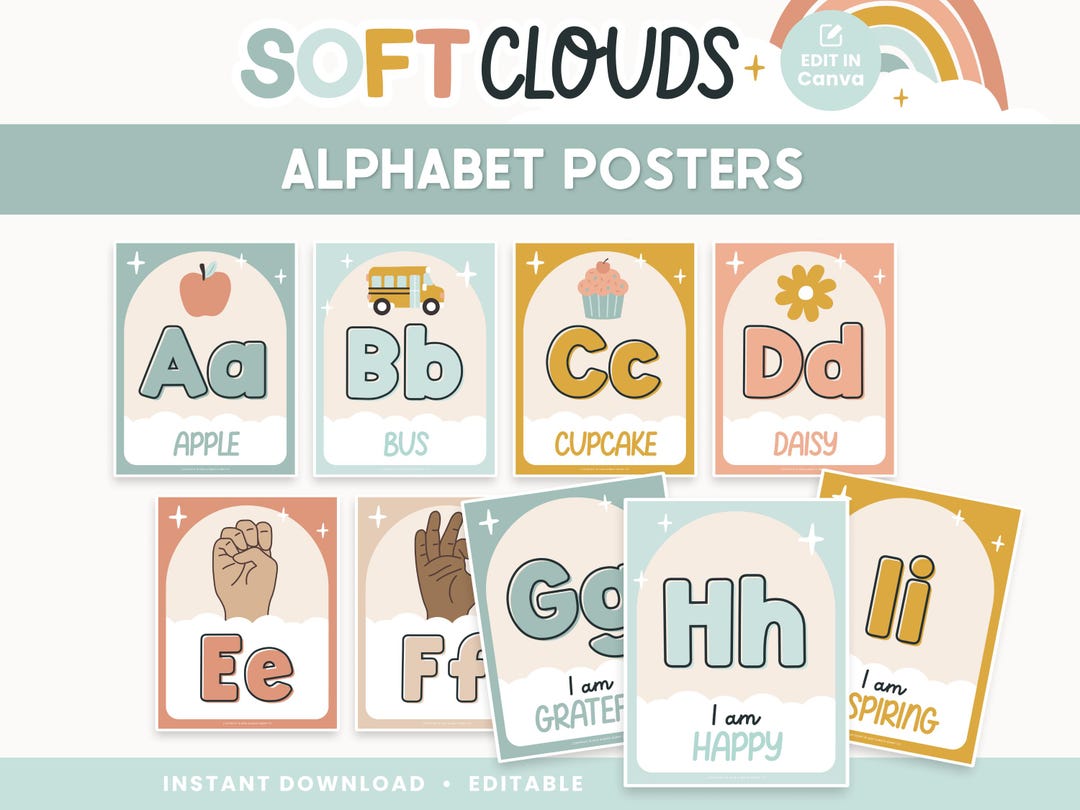 Alphabet Classroom Editable Posters, Pastel Letter Templates, Soft ...