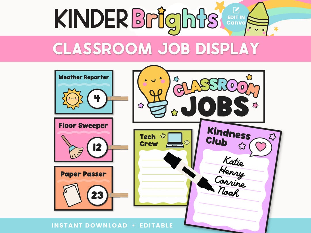Editable Classroom Jobs Display | Kinder Brights Theme | Student Job ...