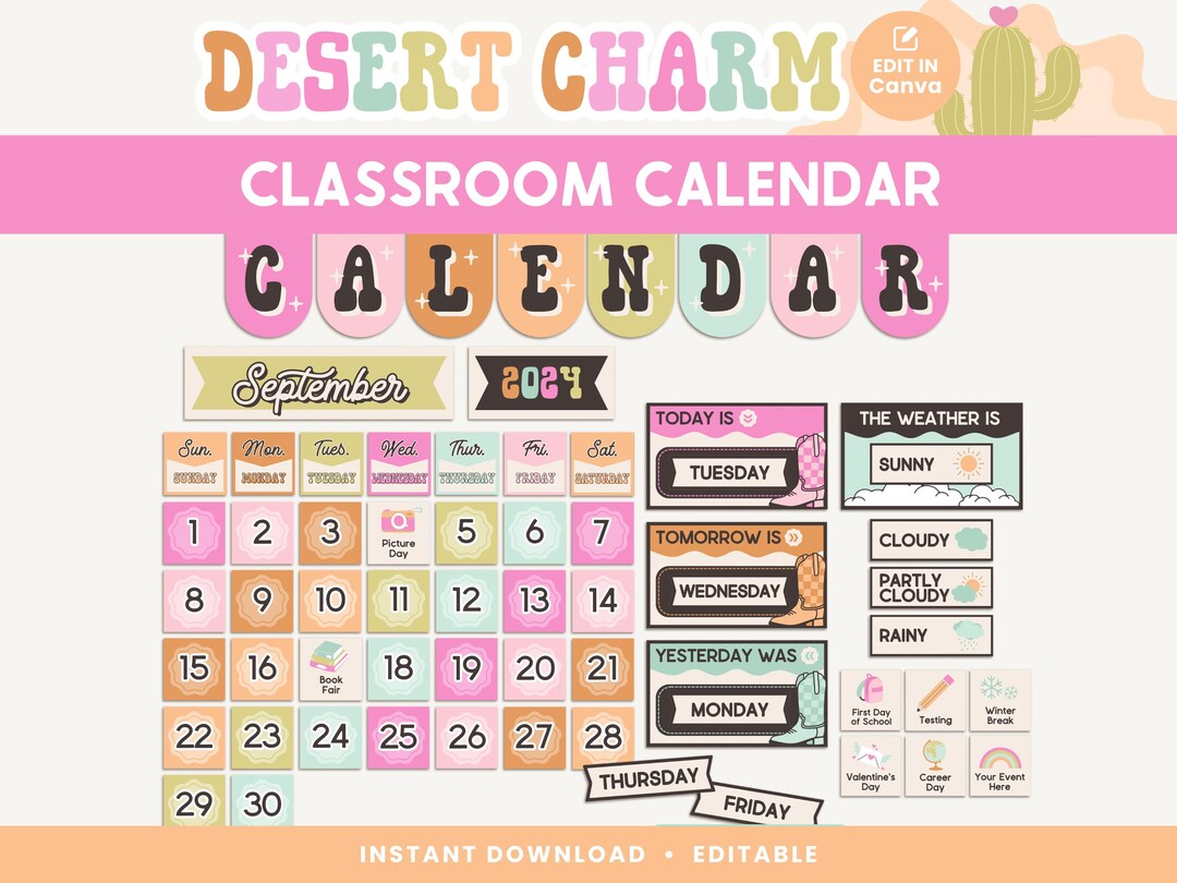 Classroom Calendar Display and Weather Station, Printable Bright Desert ...