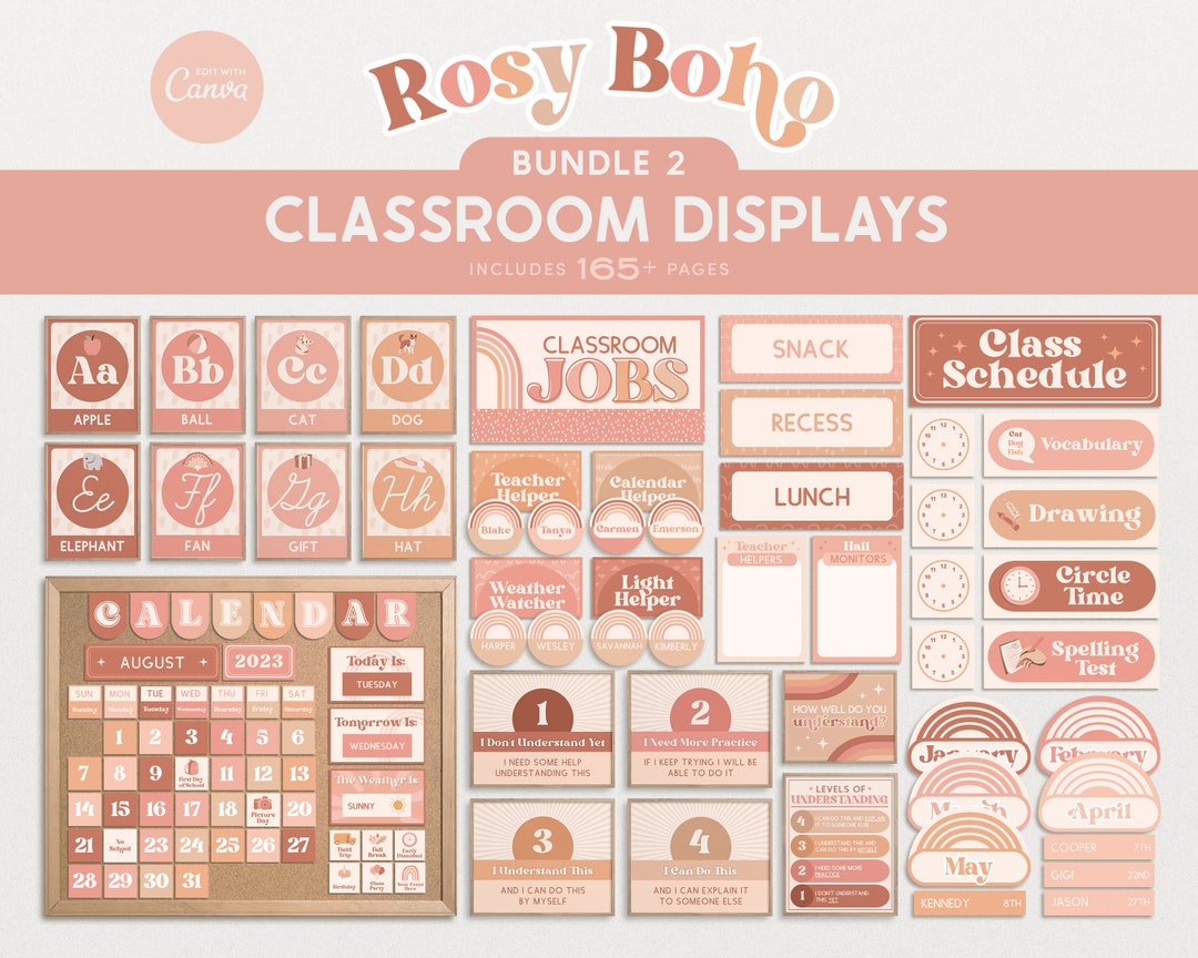 Editable Classroom Decor Rosy Boho Bundle, Pink Printable Canva ...