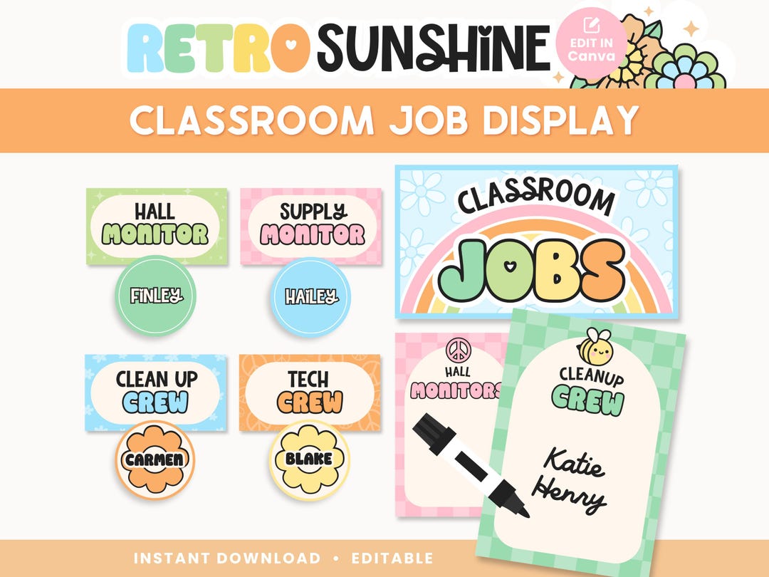 Retro Sunshine Classroom Job Display | Editable Canva Classroom Jobs ...
