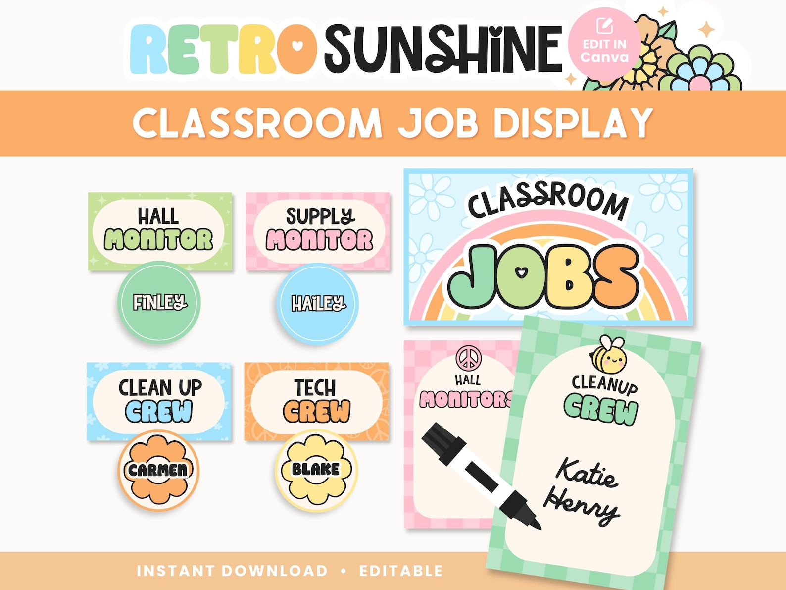 Retro Sunshine Classroom Job Display | Editable Canva Classroom Jobs ...