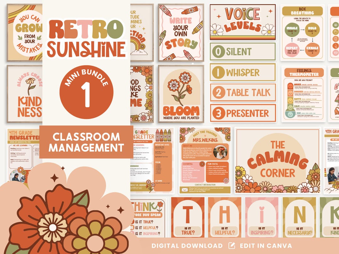 Editable Classroom Management Mini Bundle, Retro Sunshine Canva ...