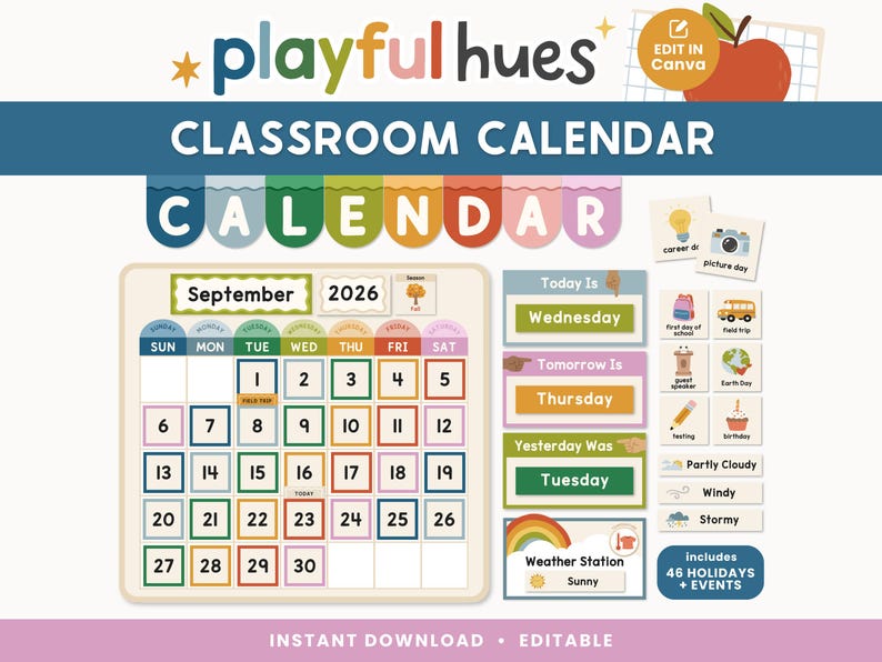Editable Classroom Calendar | Playful Hues Canva Template | Printable ...