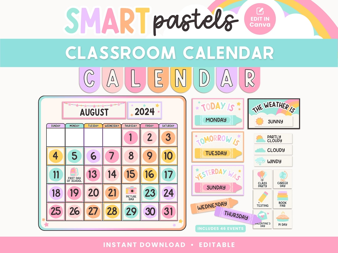 Classroom Calendar Display and Weather Station, Printable Bright Pastel ...
