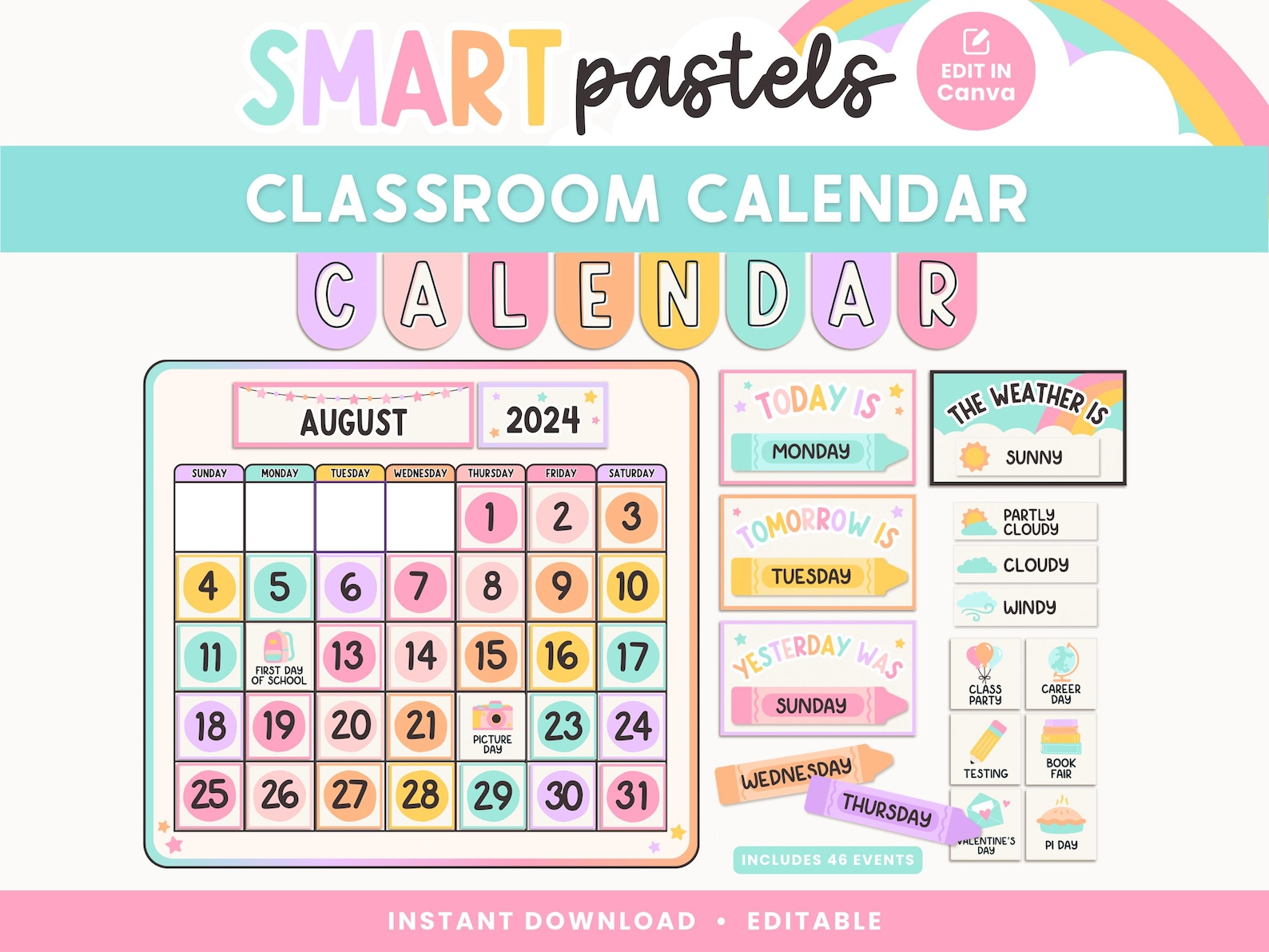 Classroom Calendar Display and Weather Station, Printable Bright Pastel ...