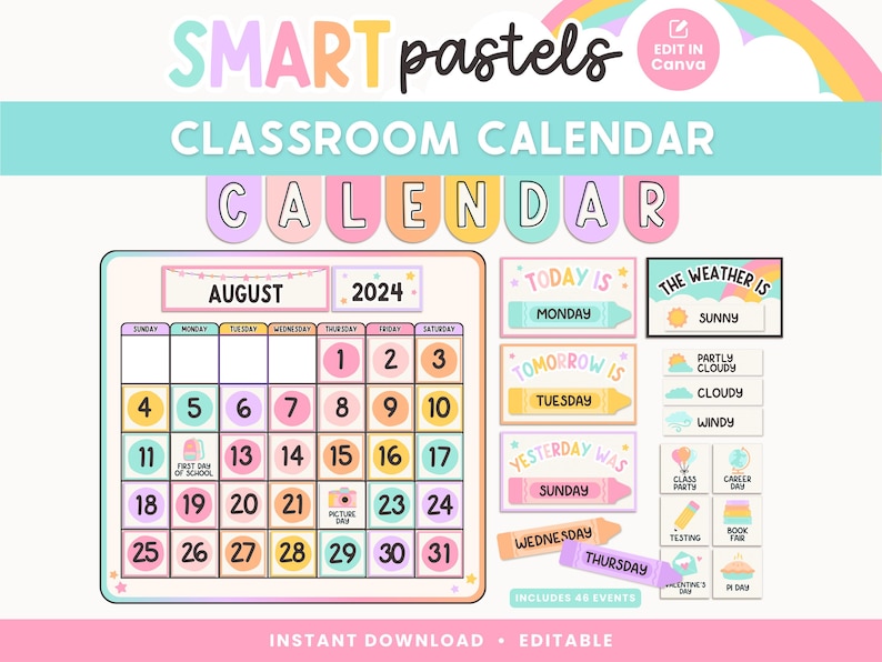 Classroom Calendar Display and Weather Station, Printable Bright Pastel ...