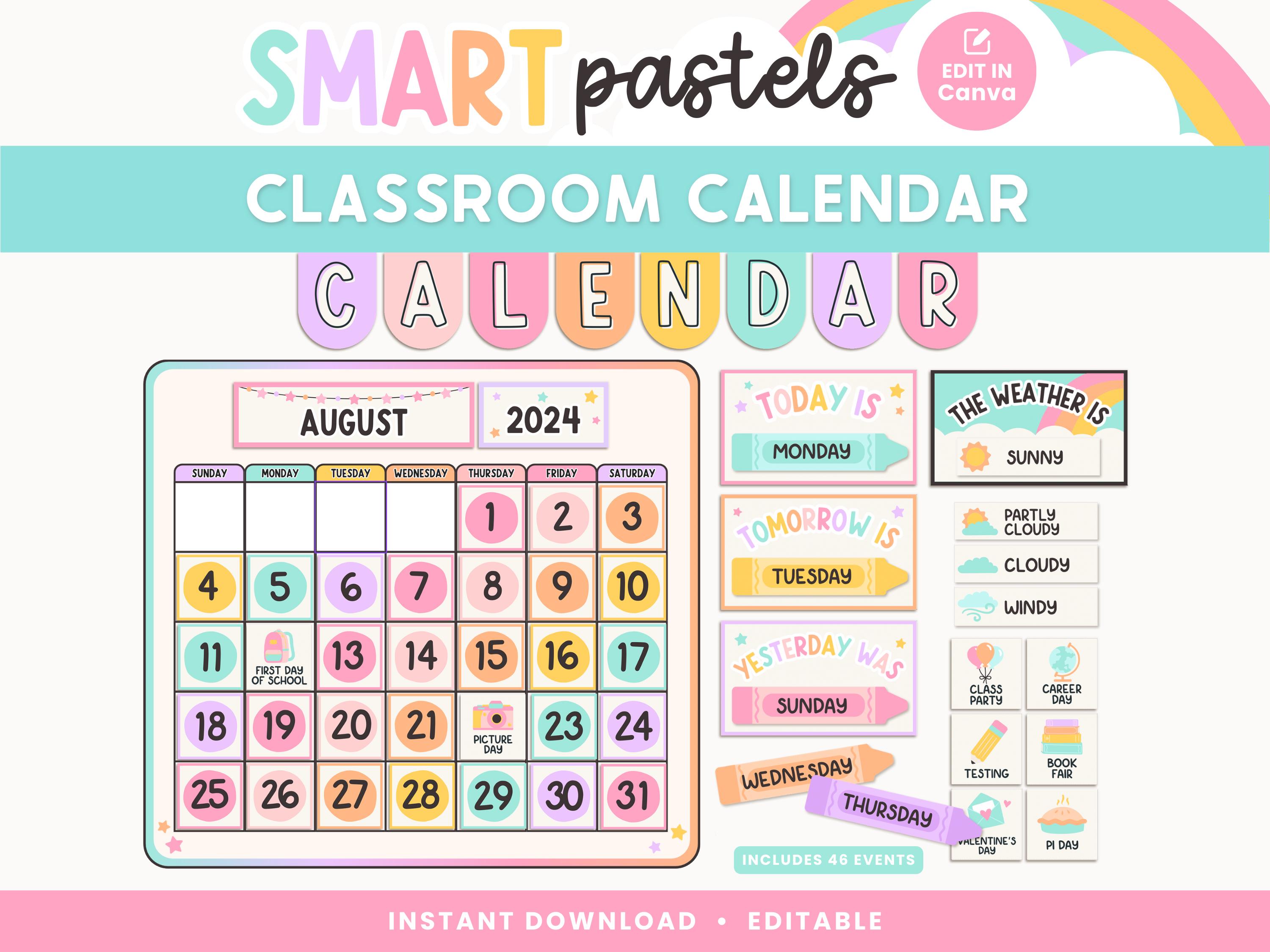 Classroom Calendar Display and Weather Station, Printable Bright Pastel ...